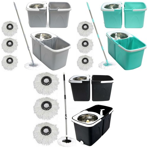 Space Saving 360° Rotating Dual Spin Dry Mop With Bucket 3 Microfibre ...