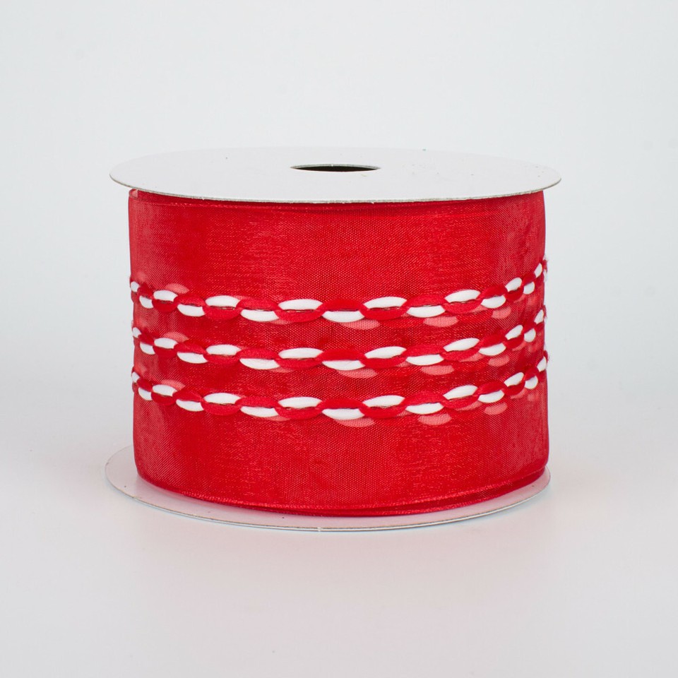 2.5" SHEER RED PEPPERMINT TWIST WIRED RIBBON-RED & WHITE BRAID- SOLD BY ...