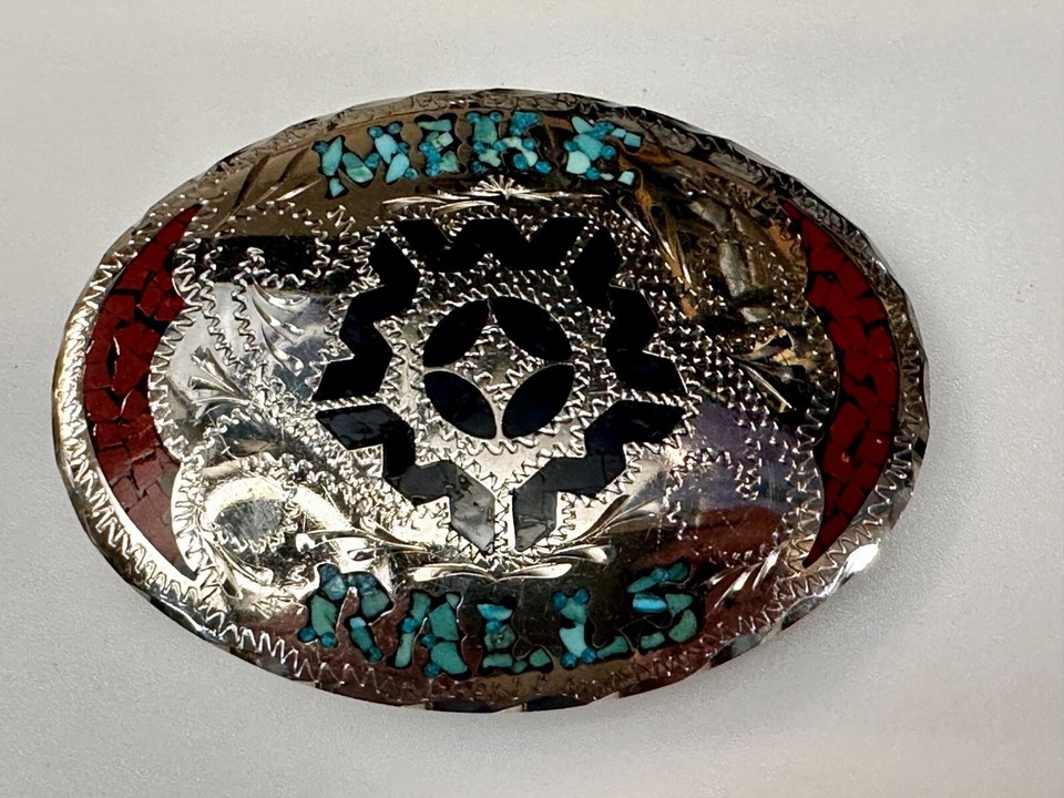 MIKE RALLS Vintage Inlaid Native Indian Art Western Cowboy Belt Buckle ...