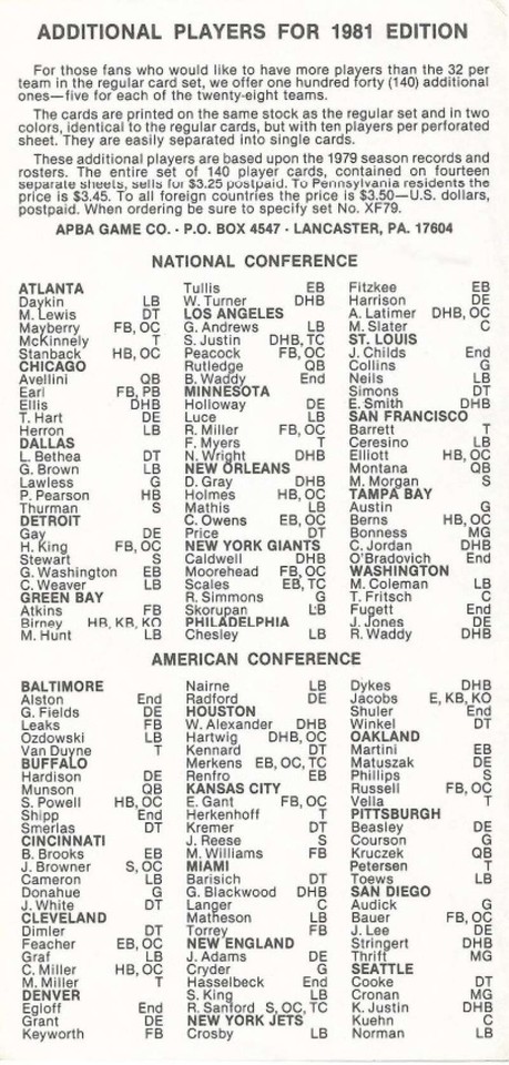 1979 APBA Football Season w/ XF Team Set - NEW YORK JETS | eBay