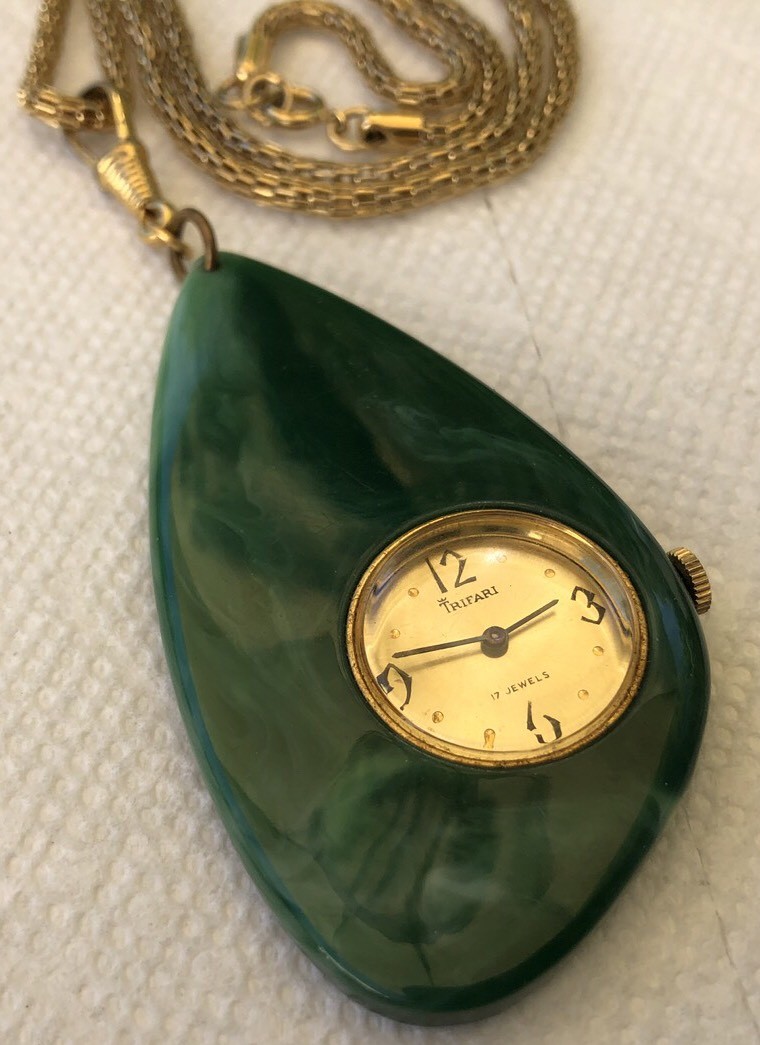 Vtg Trifari Necklace Pendant Watch Green Swirled Lucite Works 17J | eBay