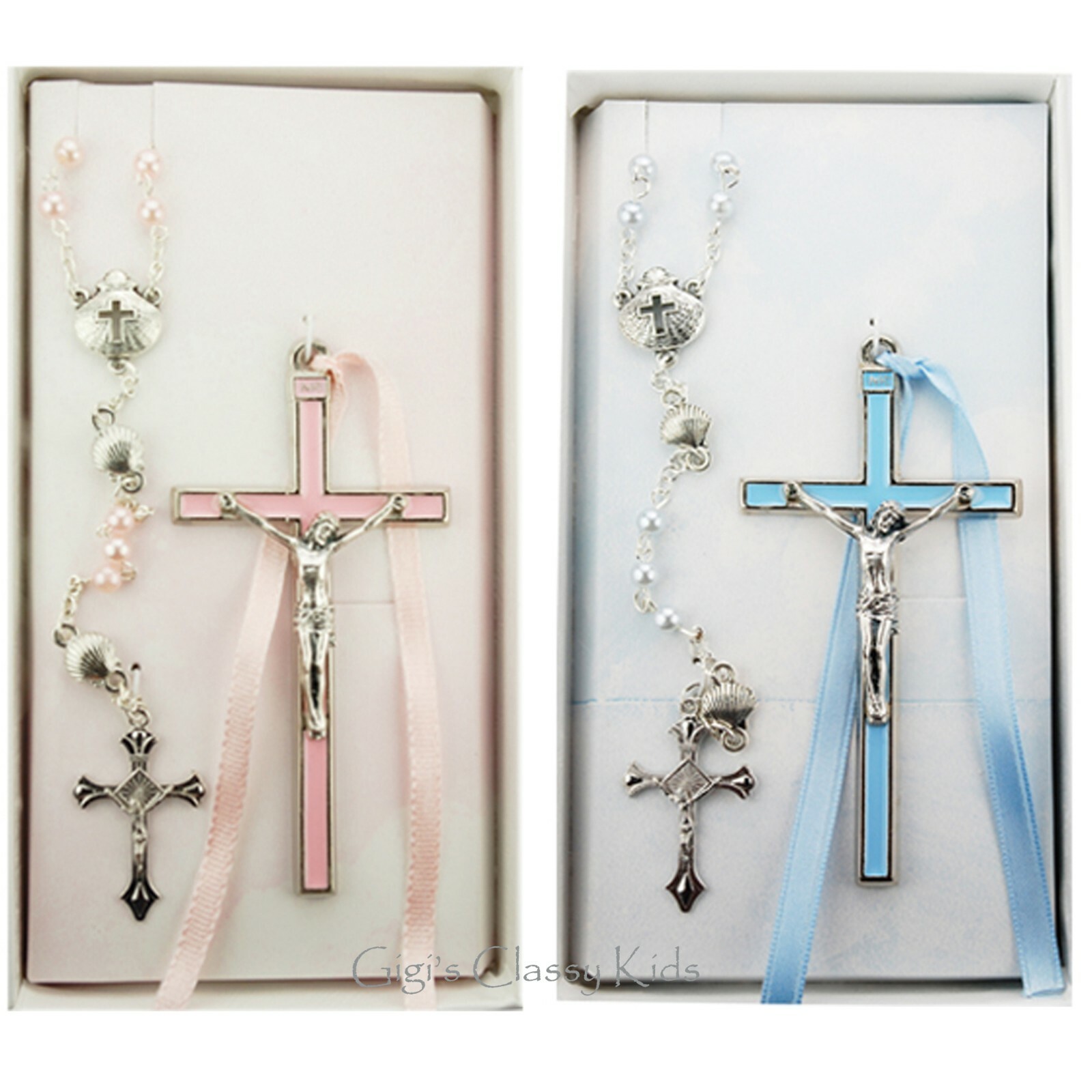 Boys Girls Pewter Crib Cross Rosary Baptism Nursery Christening ...