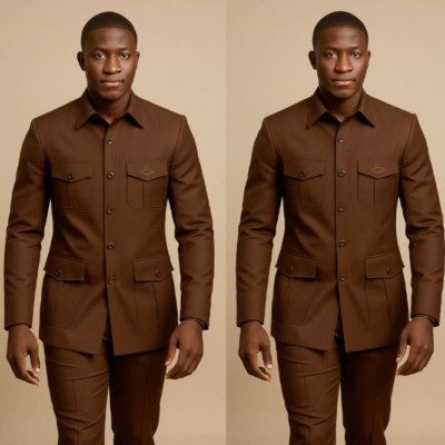 Brown Men's Suits Safari Jacket Outdoor Hunting Coat Tuxedos Blazer Two ...