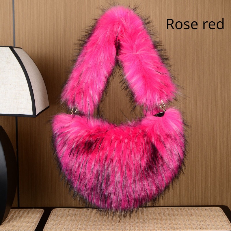 Lady Faux Fur Handbag Shoulder Bag Heart Shaped Furry Handle Casual ...