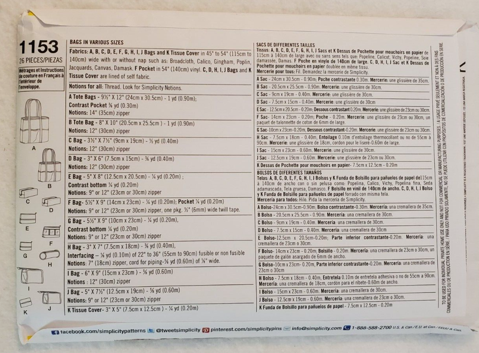 Simplicity 1153 Sewing Pattern Tote Bags 10 Sizes New Uncut | eBay