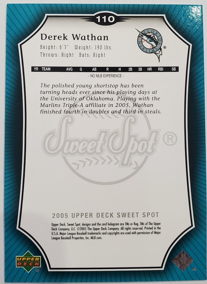 2005 UPPER DECK SWEET SPOT DEREK WATHAN PLATINUM ROOKIE SP /99 CARD ...