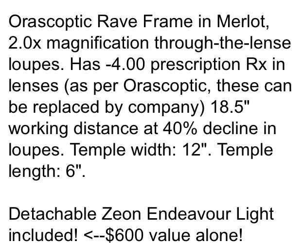 Orascoptic Loupes 2.0x + Zeon Endeavor Light w/ Case, -4.00 Rx in ...