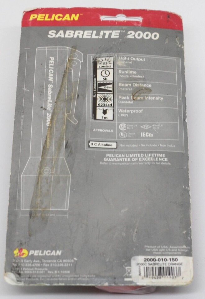 PELICAN Brand NOS Sabrelite 2000C ORANGE FLASHLIGHT Still sealed ...