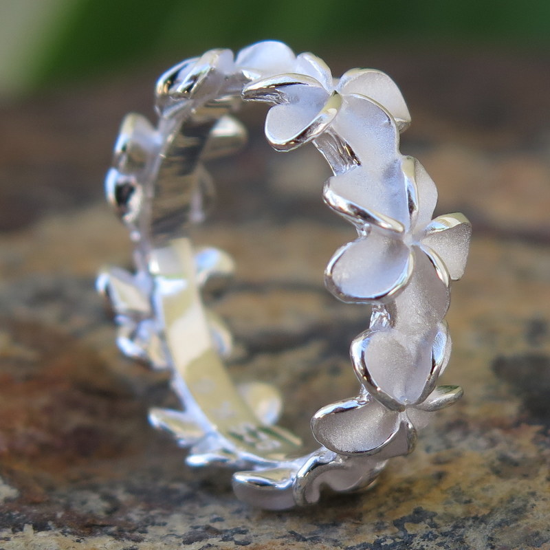 Hawaiian 925 Sterling Silver Plumeria Flower Lei Wedding Ring Band 8mm ...