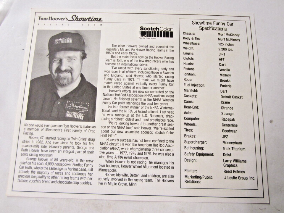 NHRA 1991 Tom Hoover "Showtime" #7 Pontiac Funny Car Drag Racing Track ...