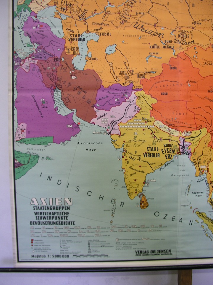 School Wall Map Asian Countries Economy 74x75 3/16in Vintage ~ 1955 | eBay