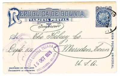 Bolivia PRIVATE PRINTED-ILLUSTRATED-POSTAL CARD-HG2-COCHABAMBA 17/OCT ...