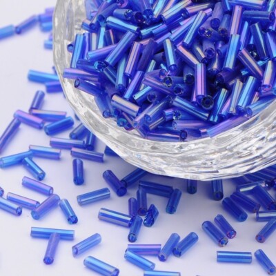CLEARANCE 445g 6mm Glass Bugle Beads Dark Blue Transparent Rainbow ...