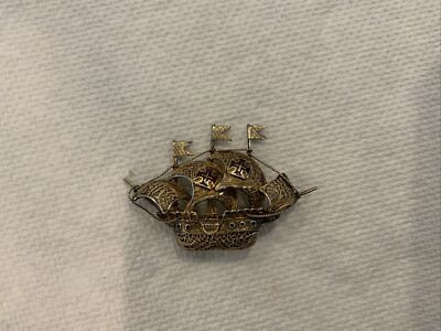 Vintage Filigree/Silver Pirate Ship Boat Brooch Pin Sailboat W/ VFW ...