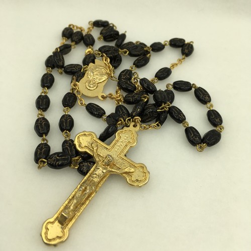 VINTAGE GOLD TONE BLACK BEADED ROSARY INRI | eBay