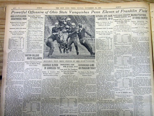 1933 NY Times newspaper w photo OHIO STATE UNIVERSITY defeats UNIV PENN ...