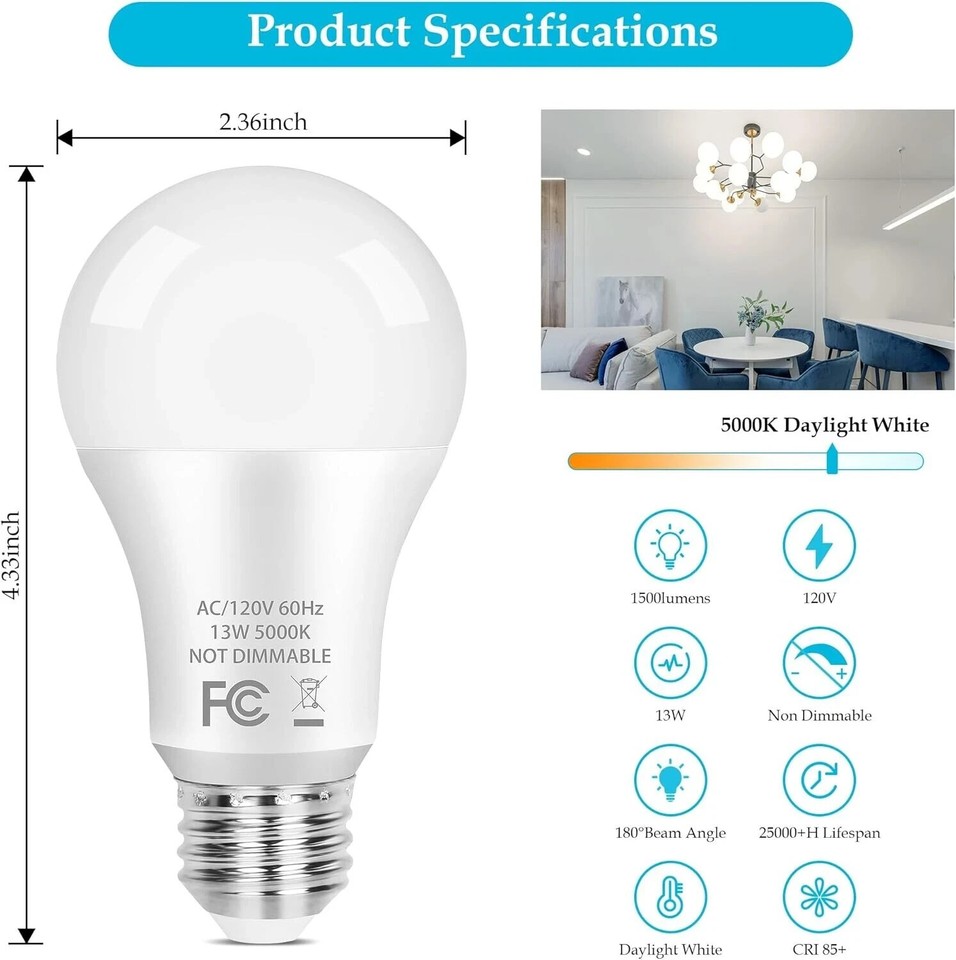 LED Light Bulbs, 100 Watt Equivalent, A19 13W Lightbulbs, 5K Daylight ...