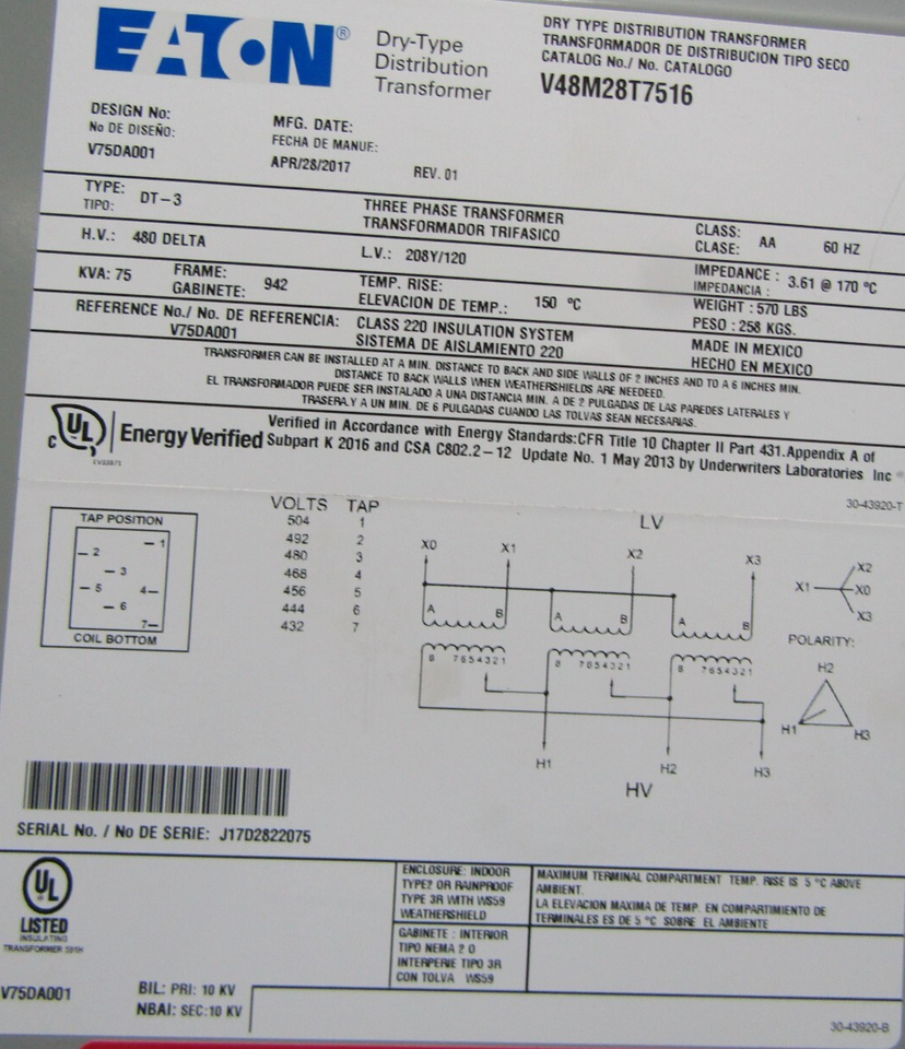 😀 EATON 75 KVA DRY TYPE TRANSFORMER 480 HV 208Y/120 LV 3Ø TYPE DT-3 ...