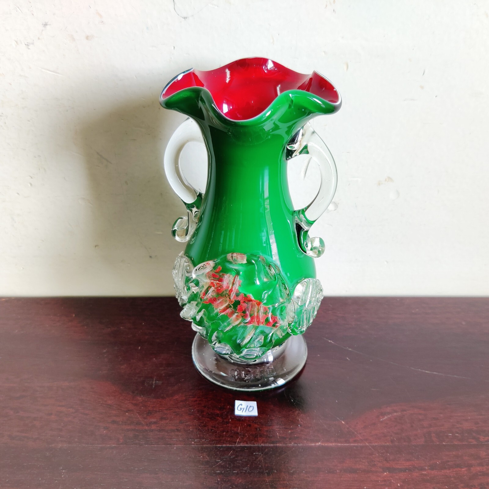 Vintage Handmade Floral Pontil Mark Green Red Glass Flower Vase Japan ...