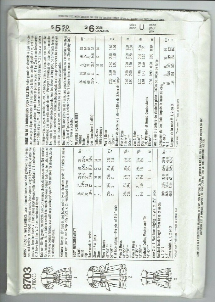 Simplicity 8703 Size 10 New Uncut Vintage Pattern Child Dress in 2 ...