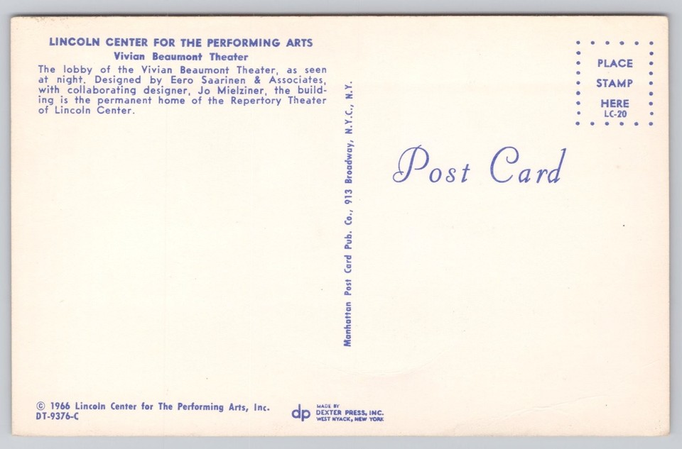 1966 Lincoln Center Vivian Beaumont Theater Lobby NYC Postcard Dexter ...