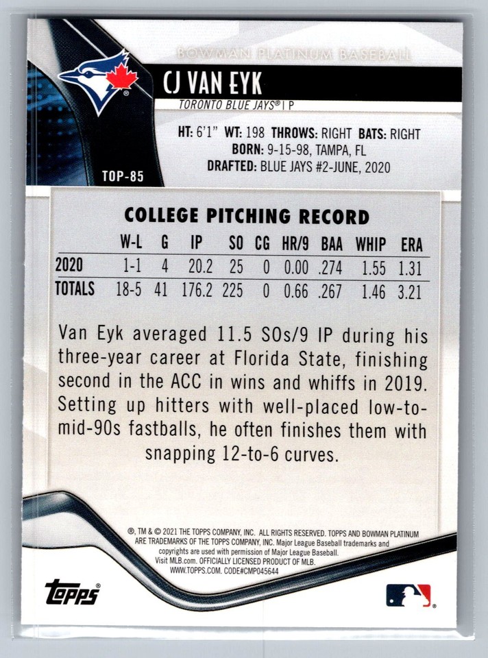 2021 Bowman Platinum Top Prospects #TOP-85 CJ Van Eyk Toronto Blue Jays ...