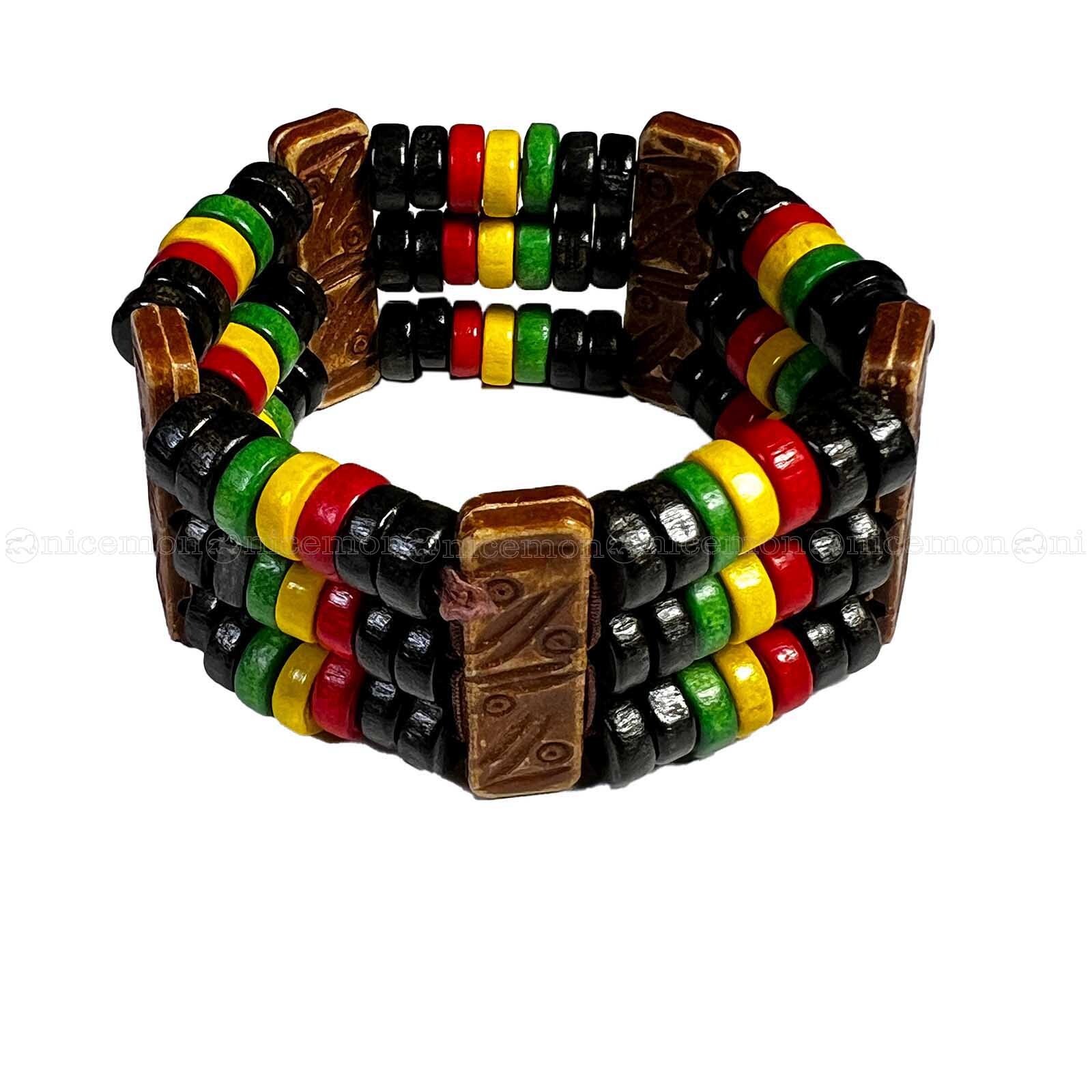 Rasta Afro Color Wood Bead Band Bracelet Wrist Bracelets Cuff Stretch ...