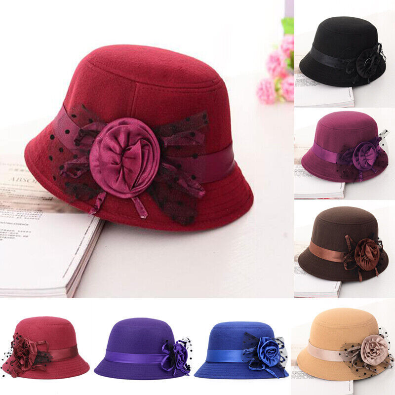 Retro Women Wool Felt Bucket Cap Ladies Flower Cloche Church Bowler Hat ...