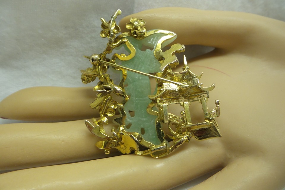 Spectacular Solid 18kt Traditional Scenic Pin, Jadeite Guanyin Figure ...