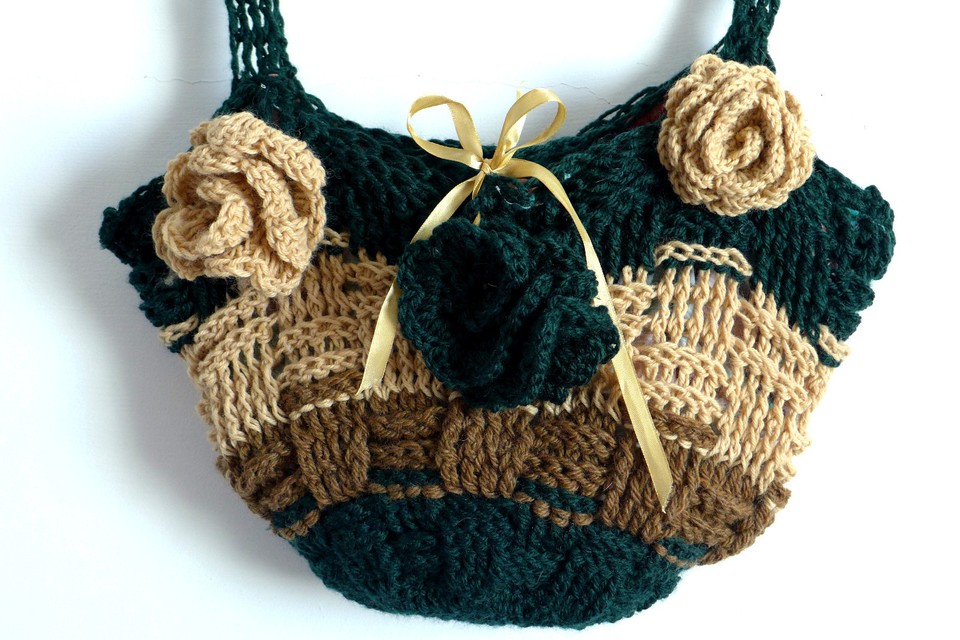Womens Bag Handmade Crocheted Acrylic Wool With Flowers 12x20 inch ...