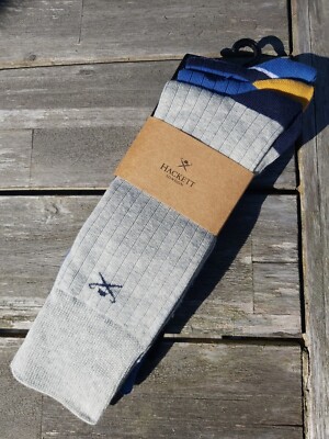 3 PAIRS HACKETT London Grey Cobalt Navy MENS Logo 75% Cotton SOCKS 7-11 ...
