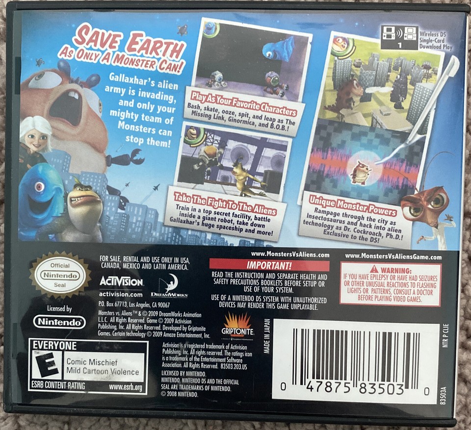 MONSTERS VS ALIENS kids game complete in case w/ manual - Nintendo DS ...
