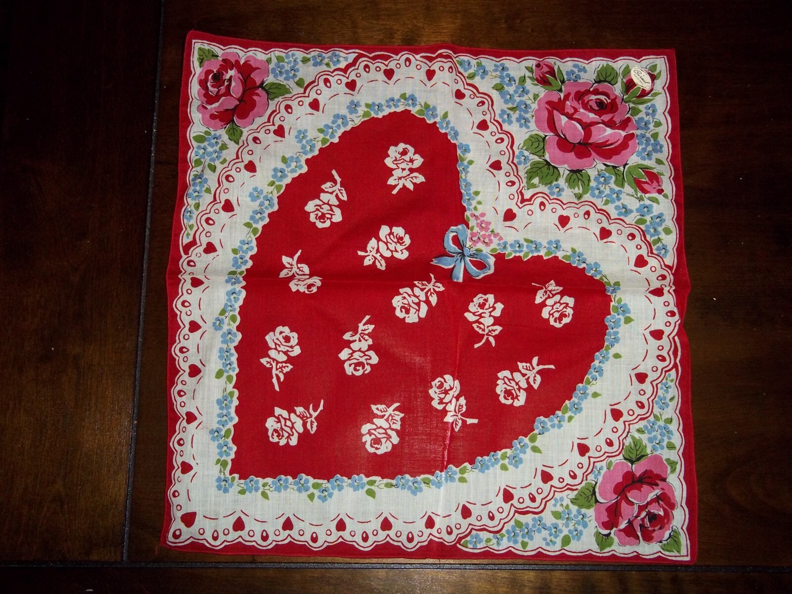 Vintage Burmel Heart and Roses Handkerchief With Label - Gem