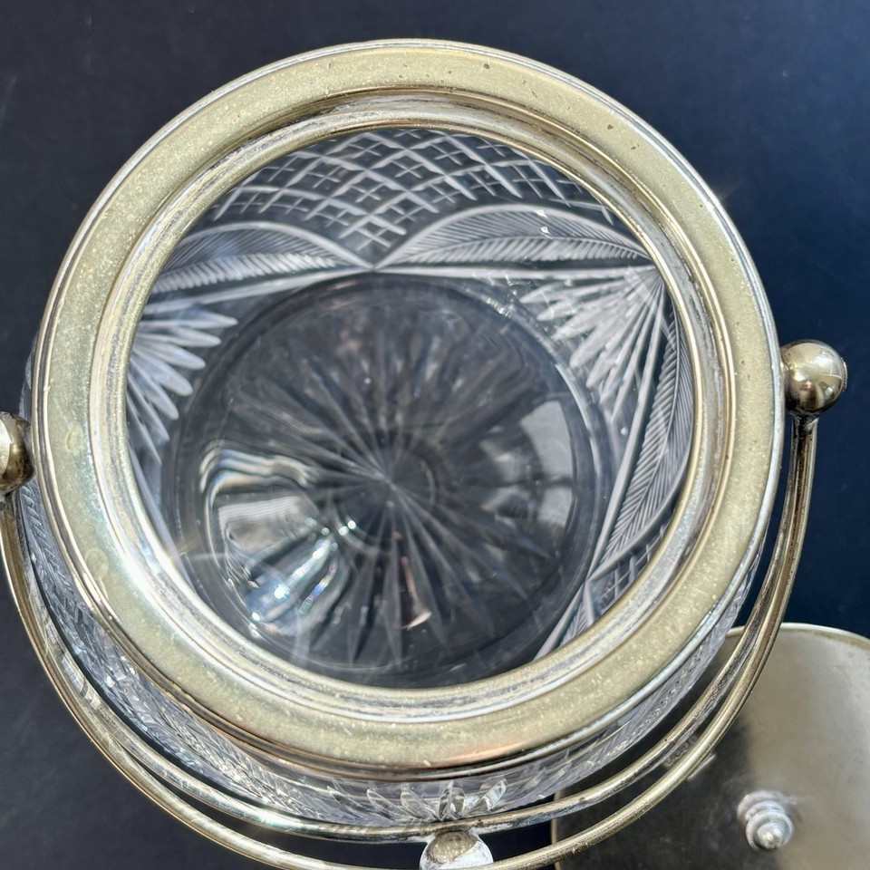 Antique English Cut Crystal Biscuit Barrel Brass Lid Handle Victorian ...