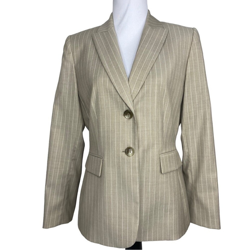 Tahari ASL Women’s Tan White Striped Two Button Business Career Blazer ...