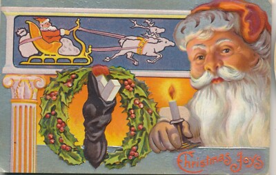 c1912 Christmas Joys, Santa Claus w Sleigh & Filling Stocking Emb ...