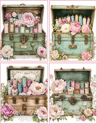 8 Rustic Chest Sewing thread Flowers Shabby Chic glossy blank fold out ...