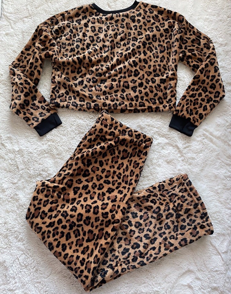 Juicy Couture Pajama Pj Set Leopard Print Sequin Logo Crop Top Pants Sz ...
