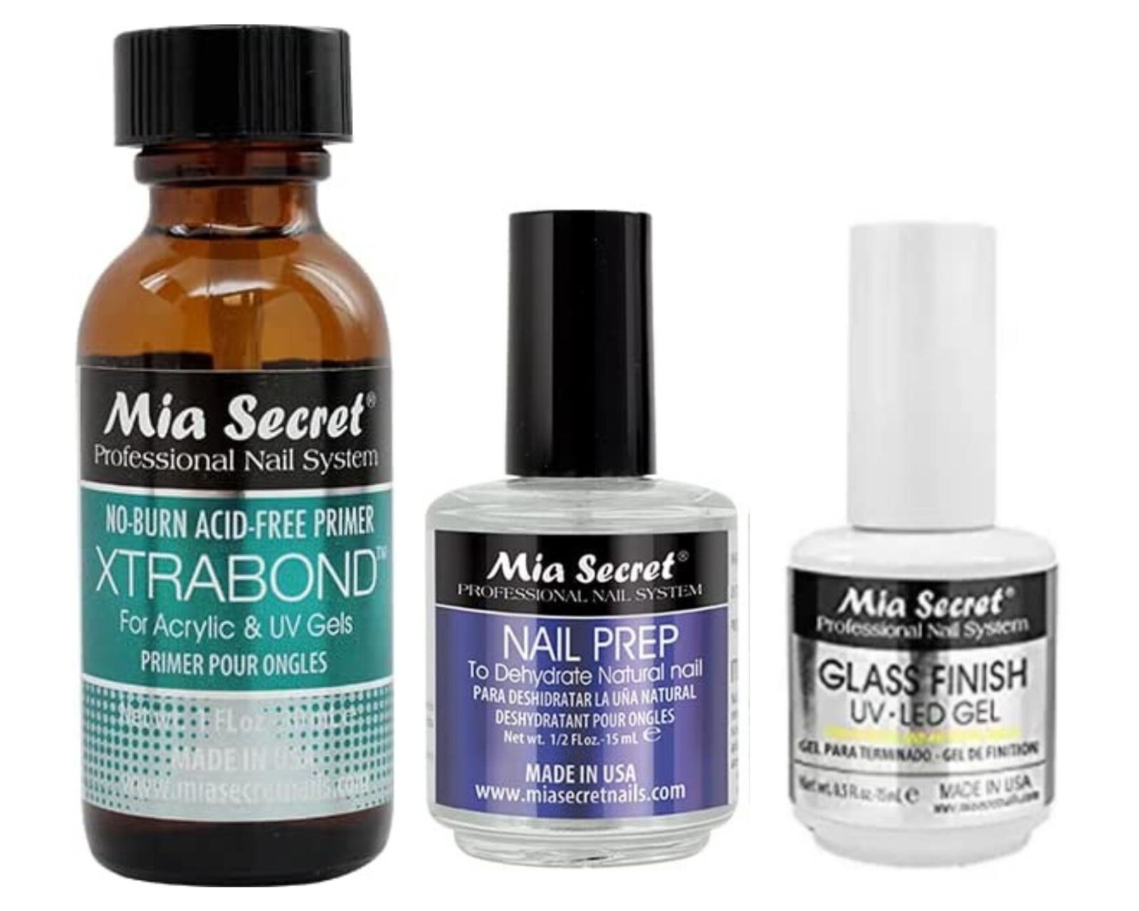 Mia Secret Nail Prep 0.5oz,Xtrabond Primer 30 ML & Glass Finish UV-LED ...