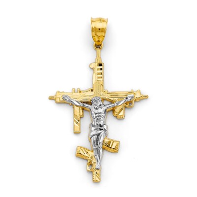 Mens 14k Gold Religious Cross Pistol Gun Pendant Charm For Necklace or ...