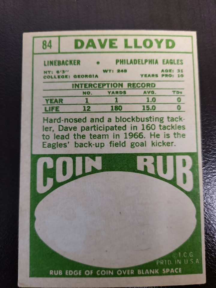 1968 Topps Football Dave Lloyd card #84. | eBay