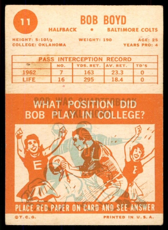 1963 Topps Bob Boyd . Baltimore Colts #11 | eBay