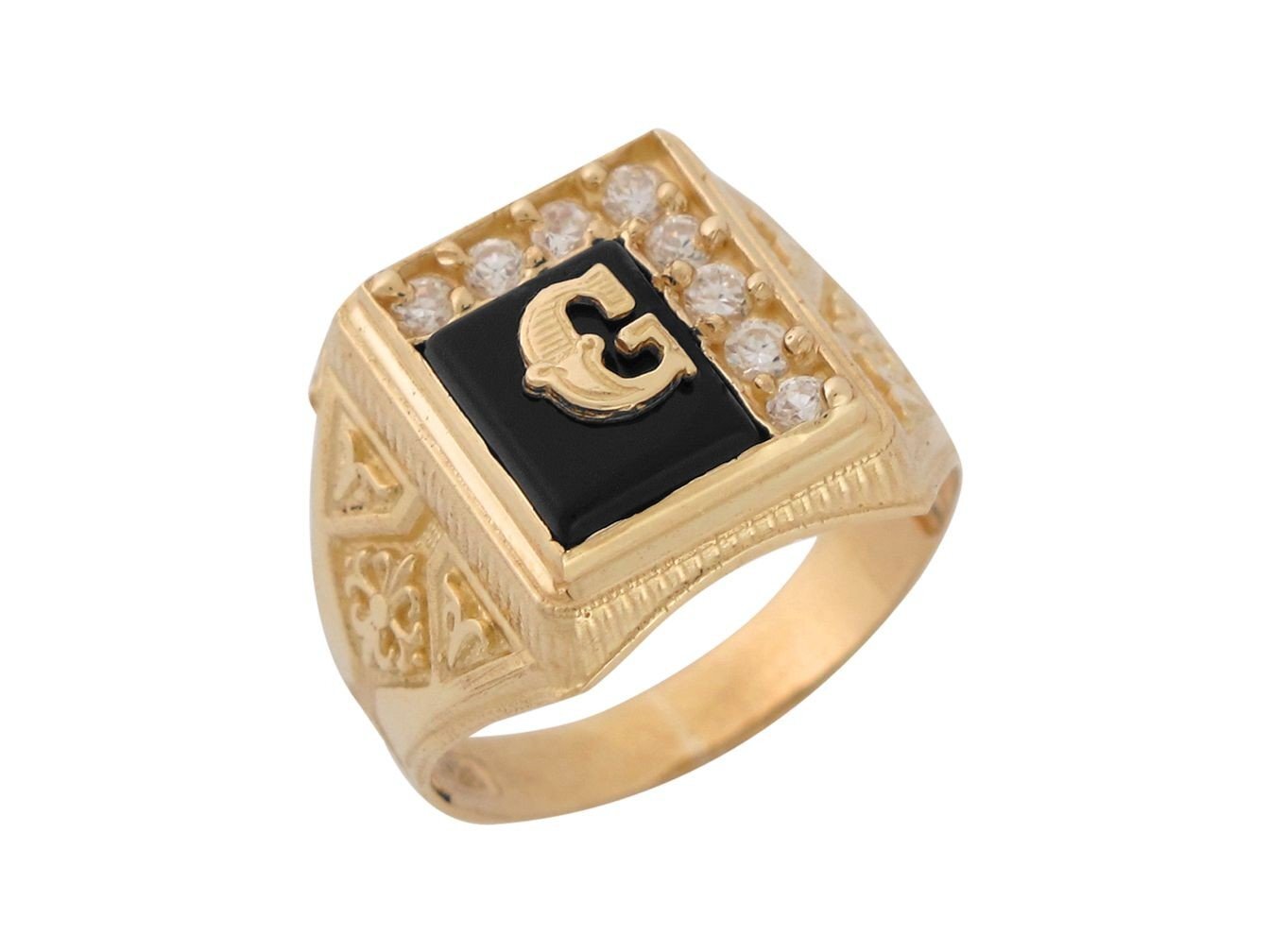 10k or 14k Yellow Gold Black Onyx White CZ Accented Mens Letter G ...