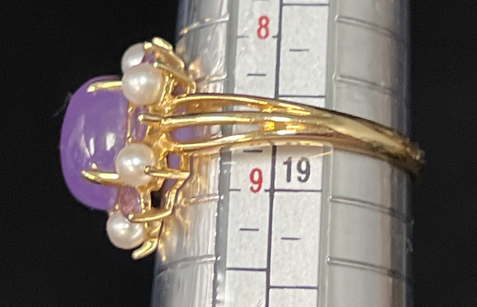Vintage Meda 14K Gold Lavender Jade Ring with Pearls & Amethyst SIZE 8. ...