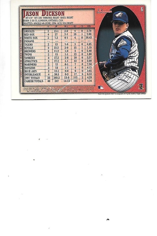 Jason Dickson 1998 Bowman Foil Internatlonal Baseball Card #6 Anaheim ...