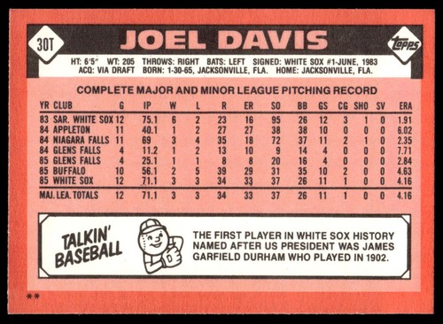 1986 Topps Traded #30T Joel Davis Chicago White Sox | eBay