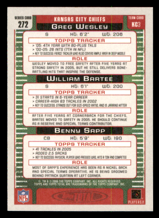 2006 Topps Total Greg Wesley / William Bartee / Benny Sapp #272 Chiefs ...