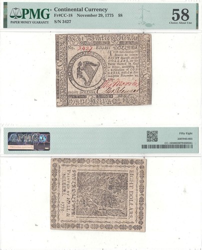 11/29/1775 Eight Dollars Continental Currency Fr CC-18 PMG AU-58 | eBay