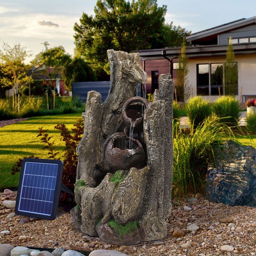 Solar Walnut Log Fountain Outdoor Water Feature Waterfall LED Light ...