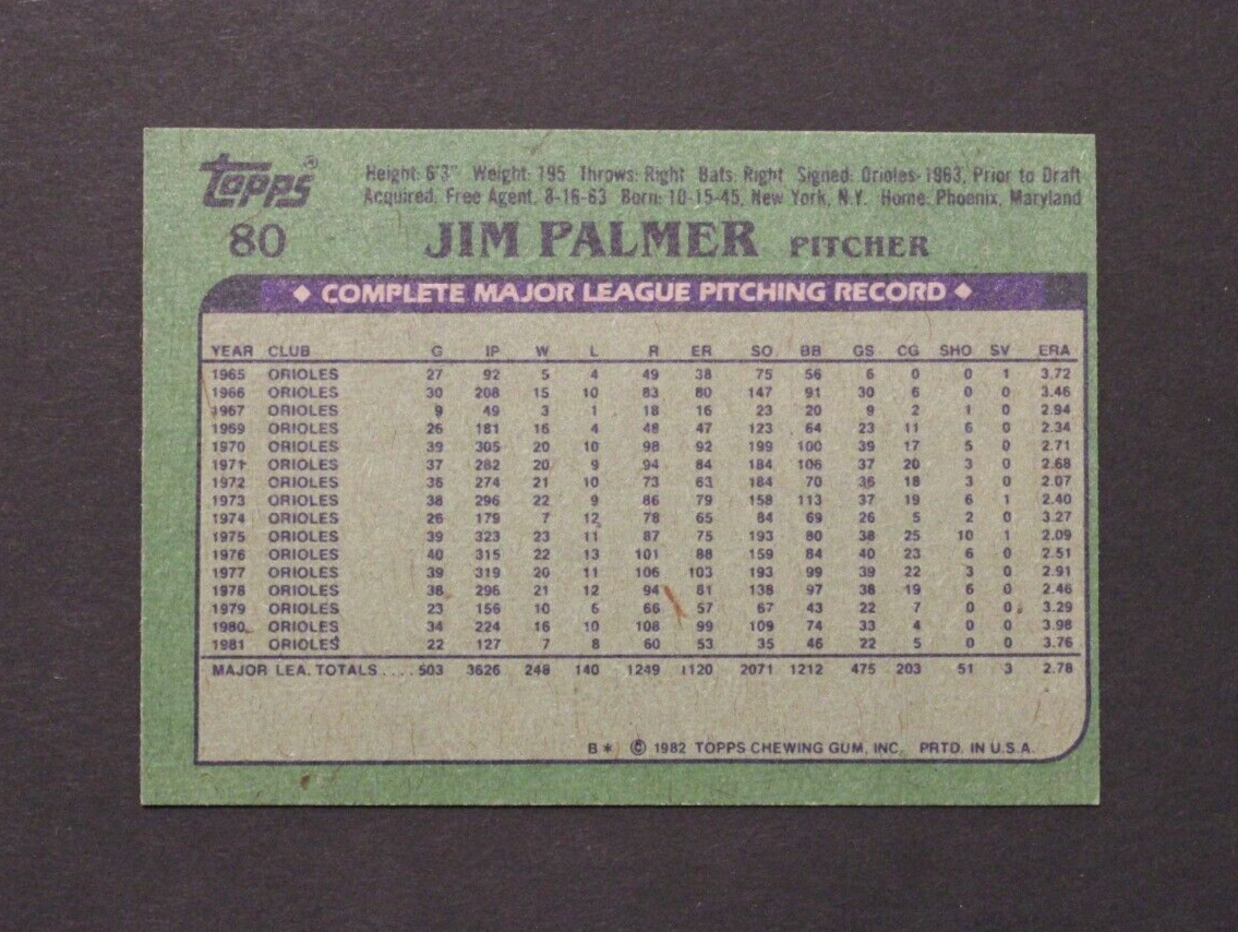 1982 Topps #80 Jim Palmer Baltimore ORIOLES | eBay